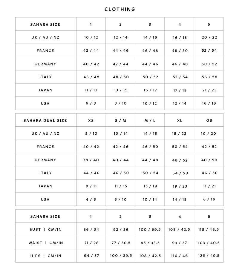 Sahara Size Guide | Sahara London